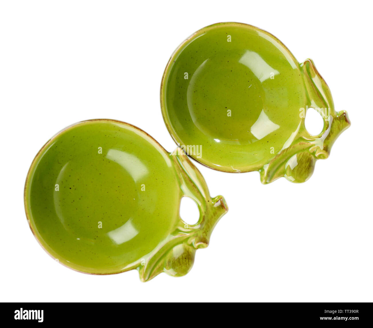Green empty bowls for olive oil and olives isolated on white Stock ...