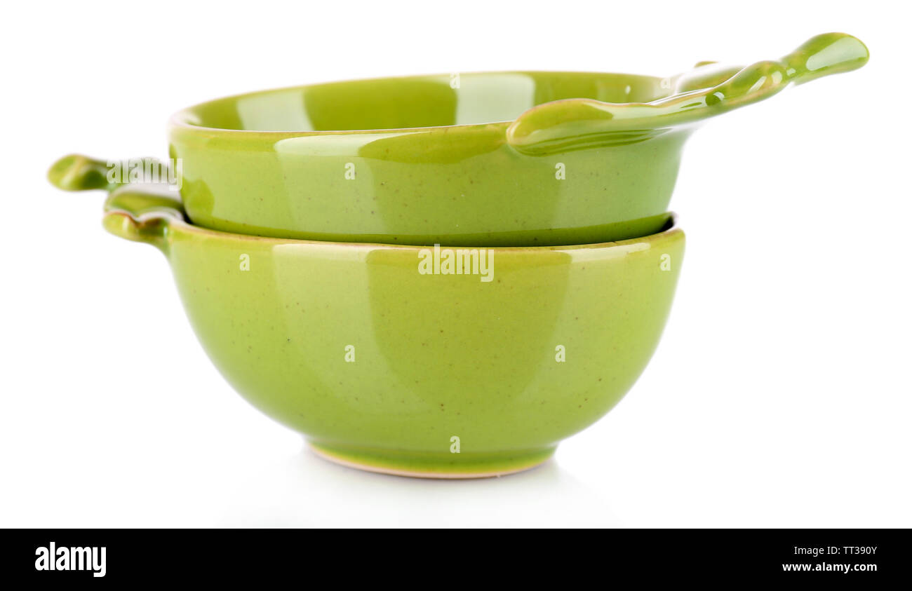 Green empty bowls for olive oil and olives isolated on white Stock ...