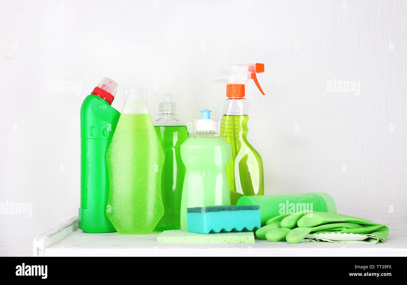 Cleaning products on shelf Stock Photo - Alamy