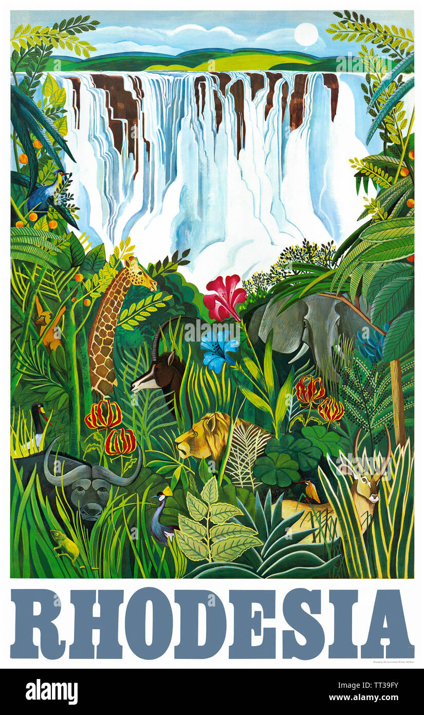 Restored vintage travel poster. Rhodesia.(now Zimbabwe). Published in ...