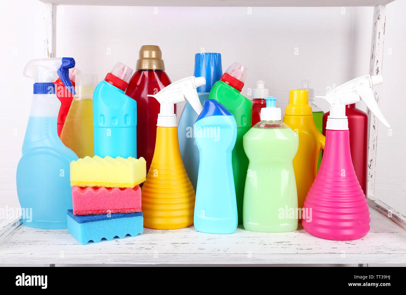Cleaning products on shelf Stock Photo - Alamy