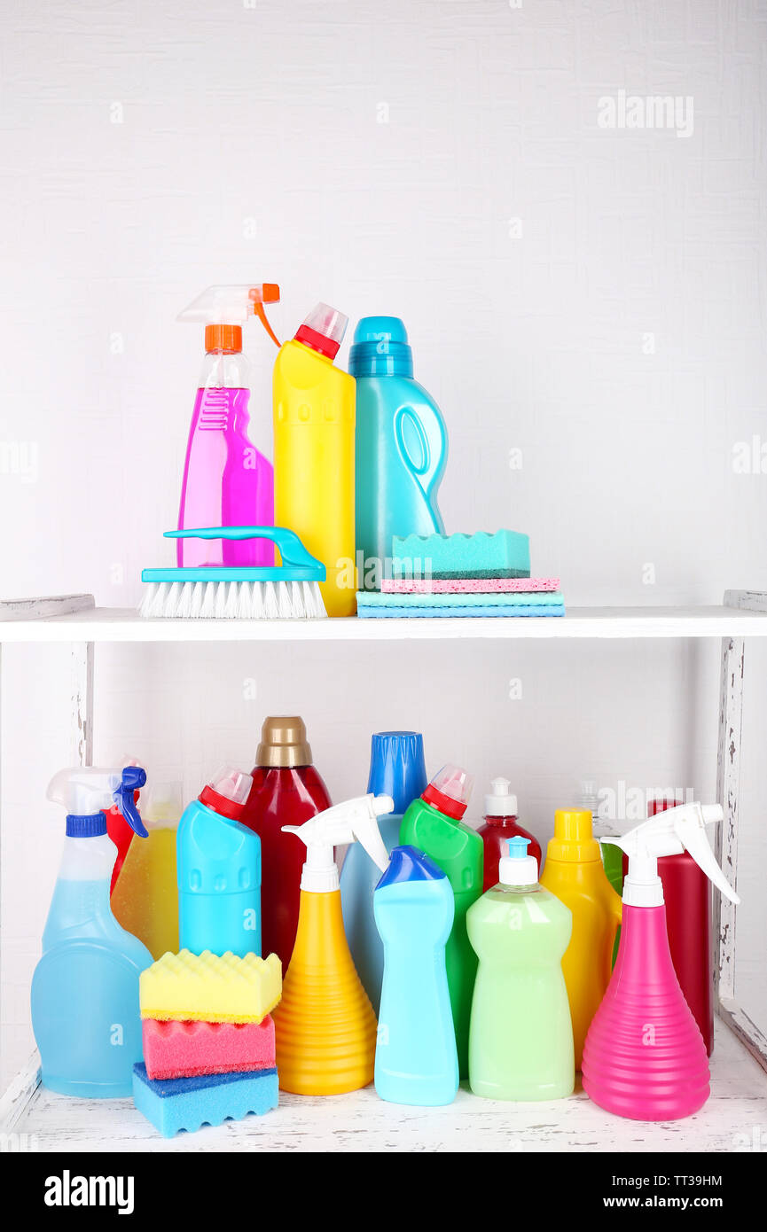 Cleaning products on shelf Stock Photo - Alamy