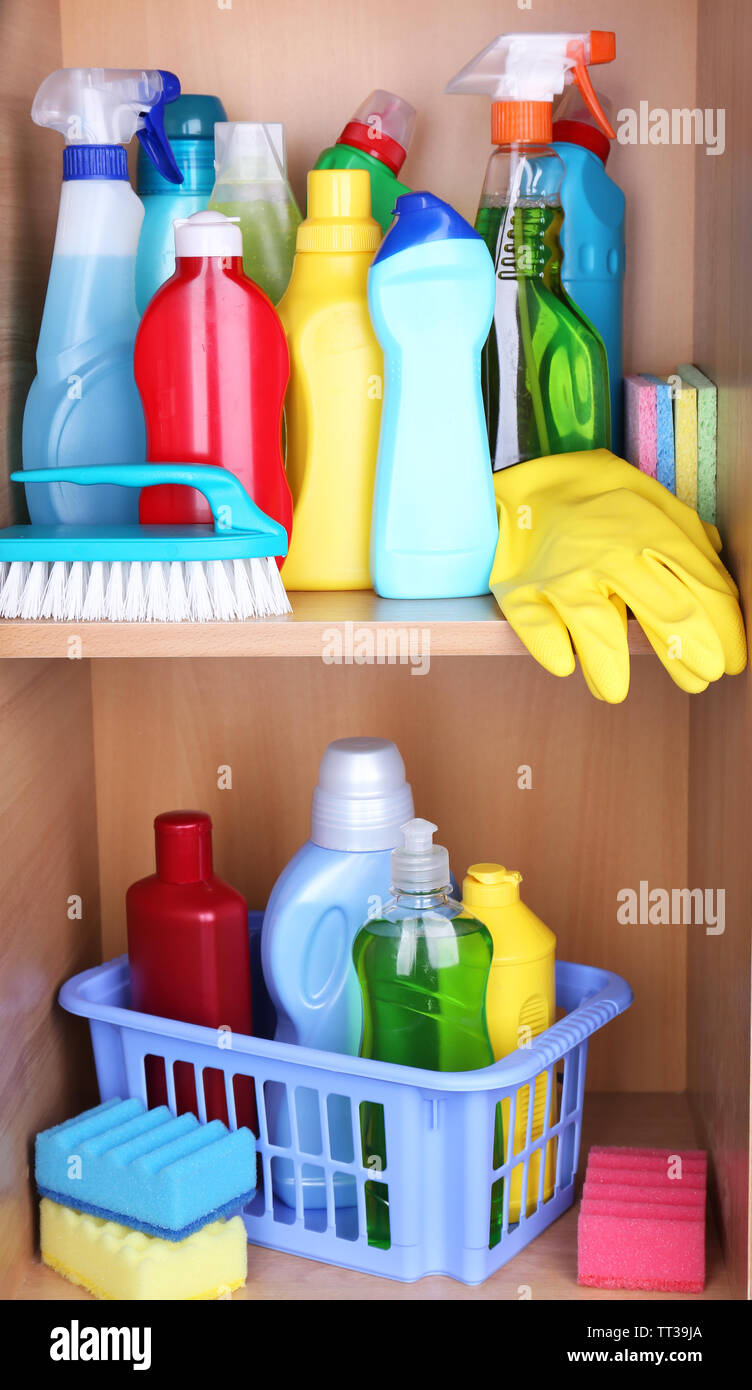 Cleaning products on shelf Stock Photo - Alamy