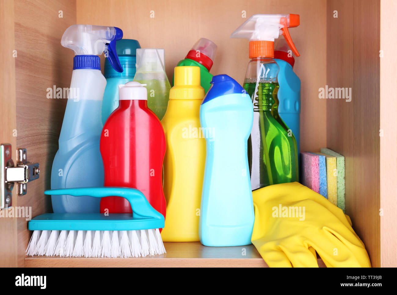 Cleaning products on shelf Stock Photo - Alamy