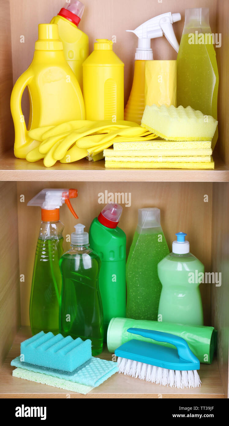 Cleaning products on shelf Stock Photo - Alamy