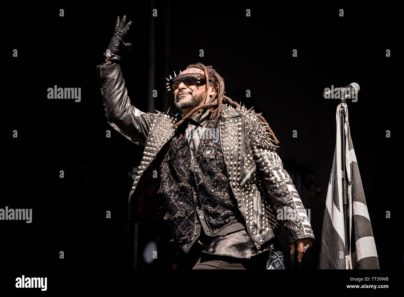 Benji Webbe, singer of the British rock band Skindred, performing live ...