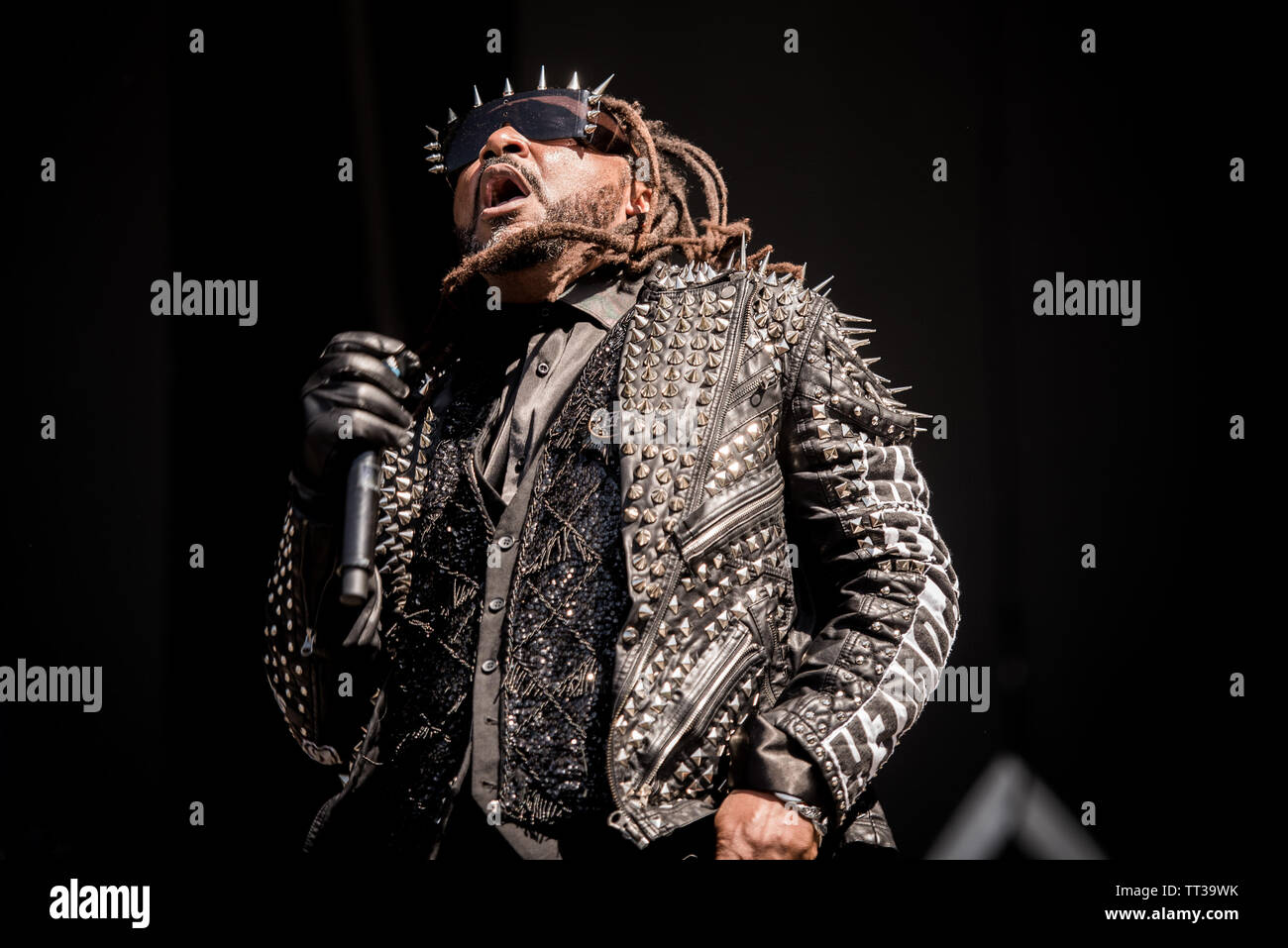 Benji Webbe, singer of the British rock band Skindred, performing live ...