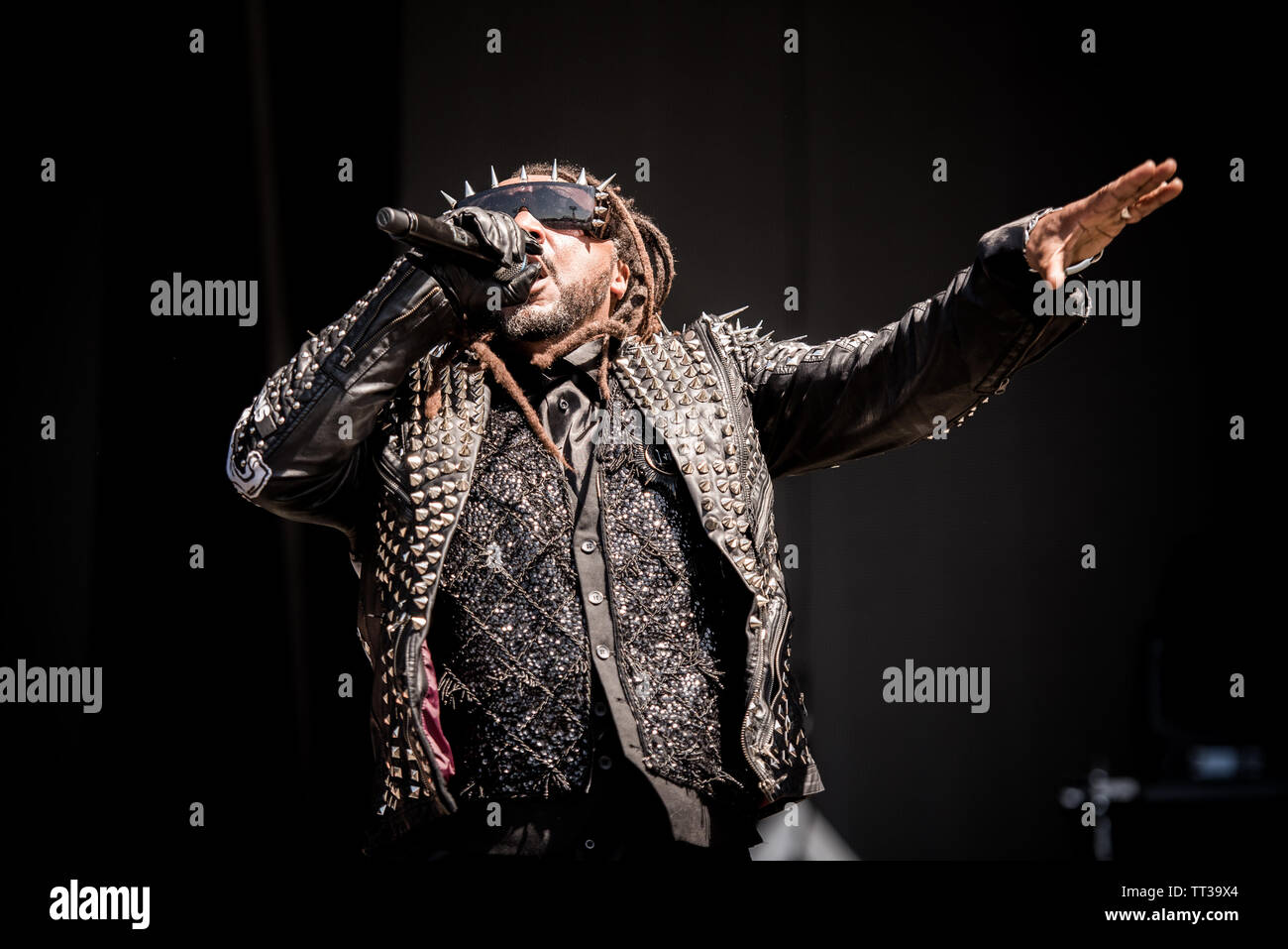 Benji Webbe, singer of the British rock band Skindred, performing live ...