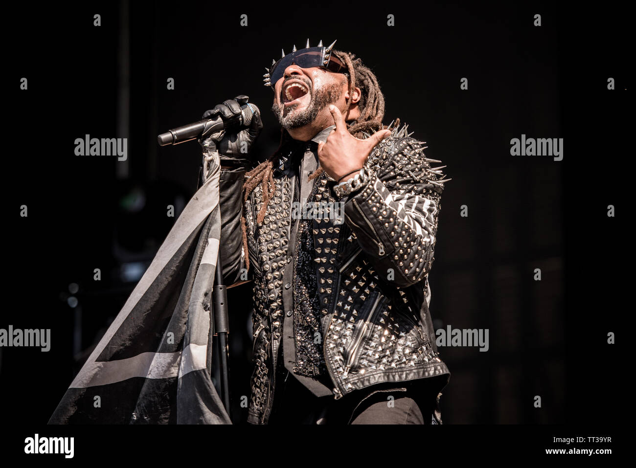 Benji Webbe, singer of the British rock band Skindred, performing live ...