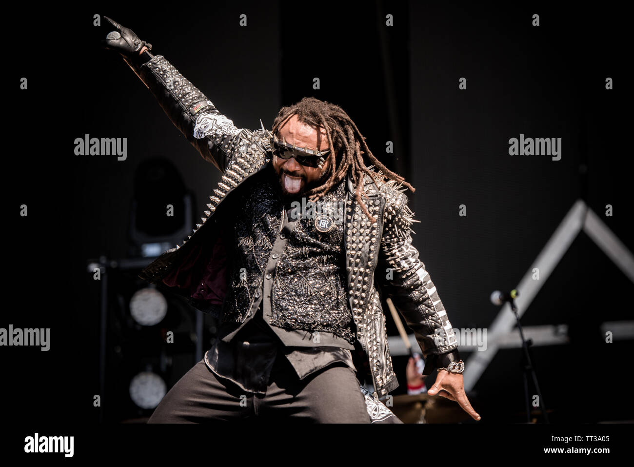 Benji Webbe, singer of the British rock band Skindred, performing live ...
