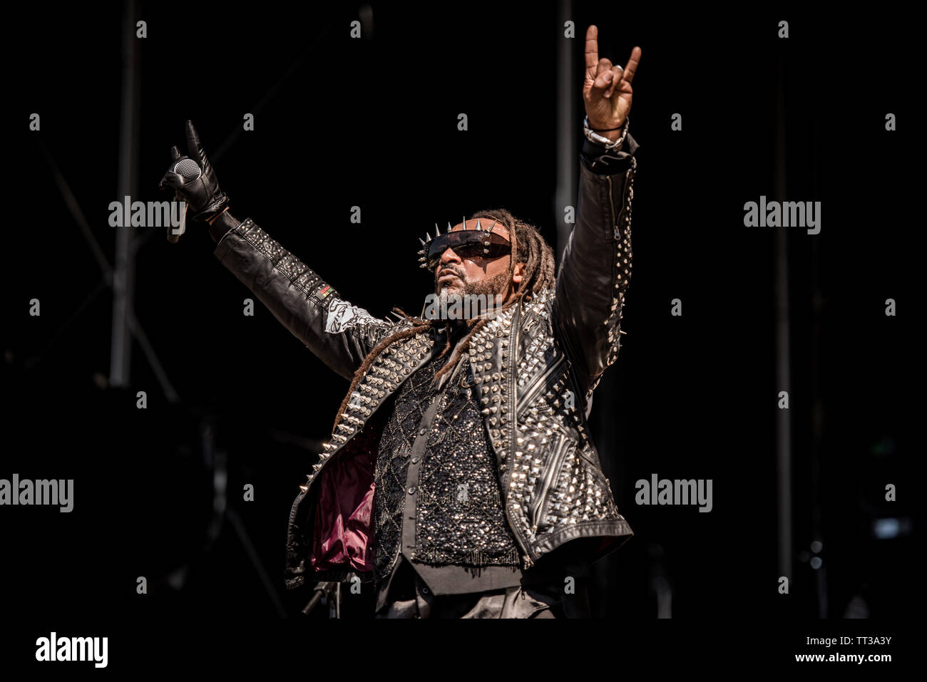 Benji Webbe, singer of the British rock band Skindred, performing live ...