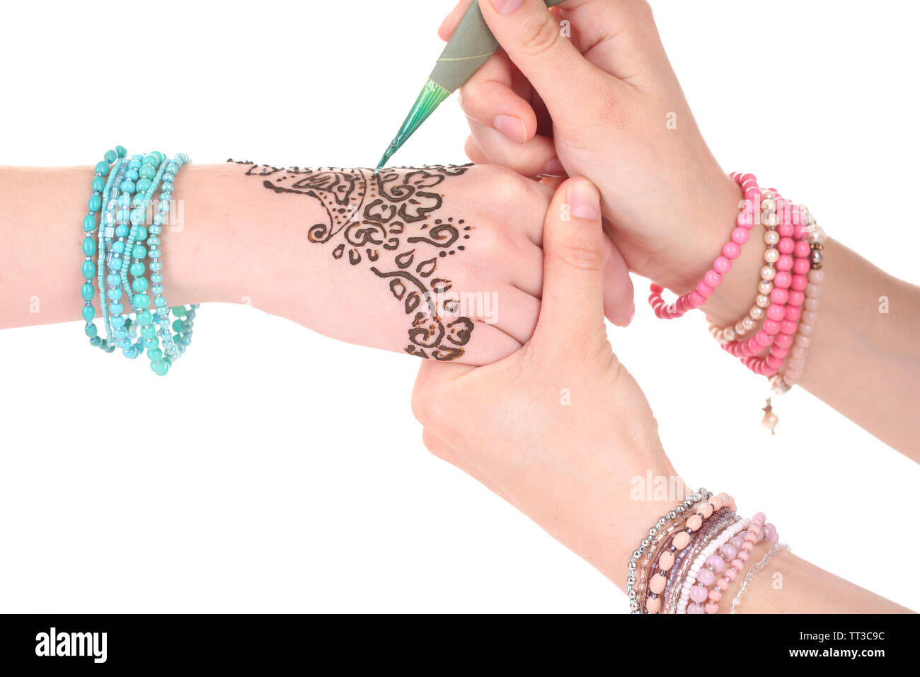 Process of applying Mehndi on female hand, isolated on white Stock ...