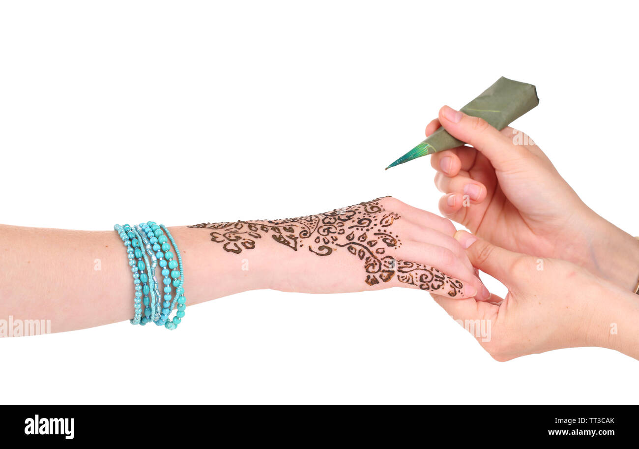 Process of applying Mehndi on female hand, isolated on white Stock ...