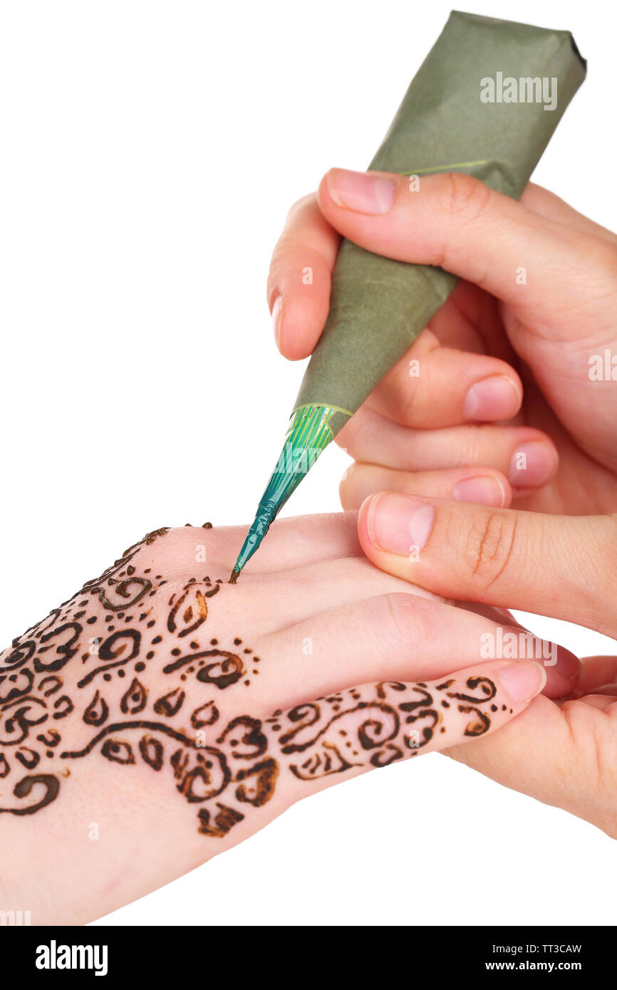 Process of applying Mehndi on female hand, isolated on white Stock ...