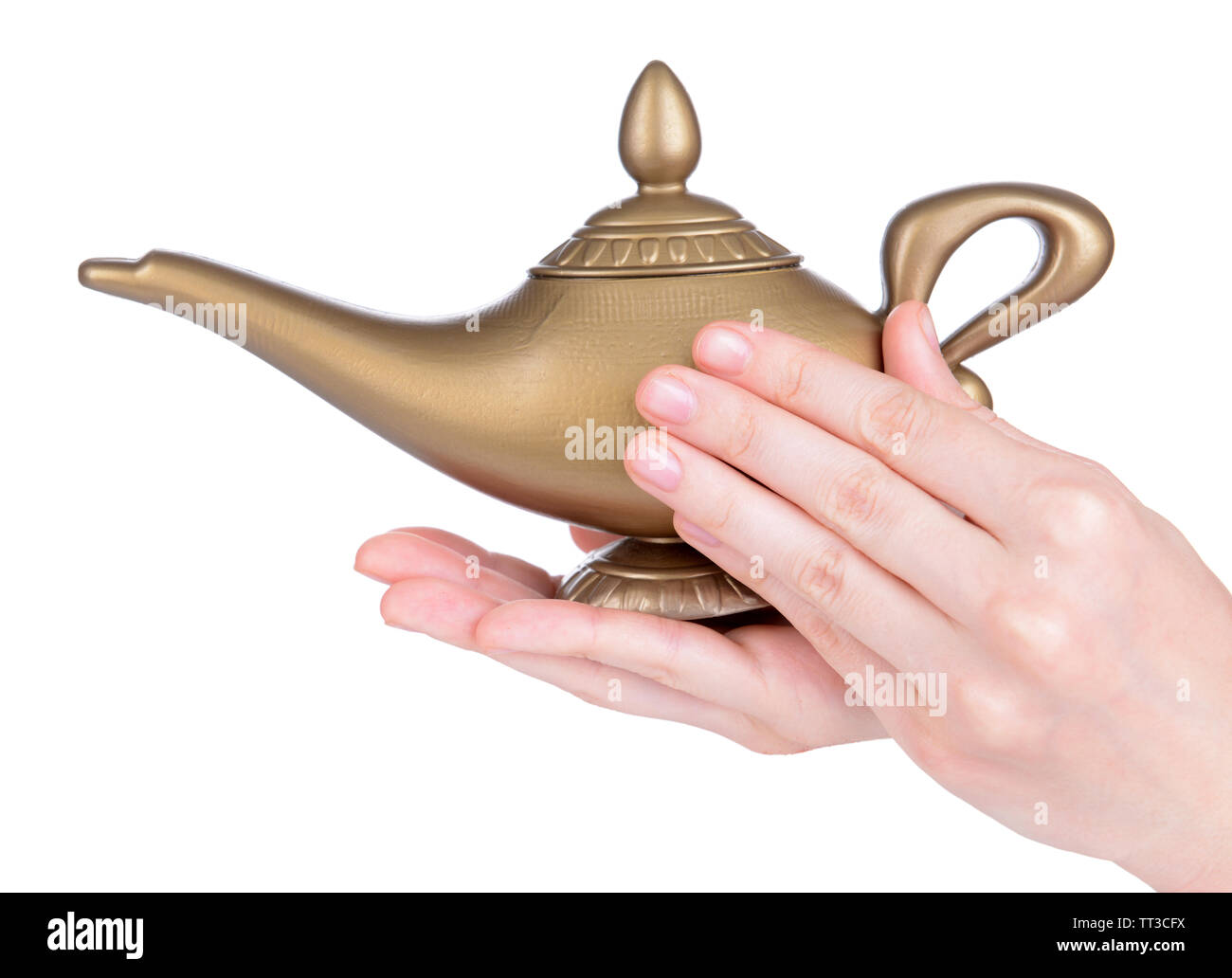 Magic lamp in female hands isolated on white Stock Photo - Alamy