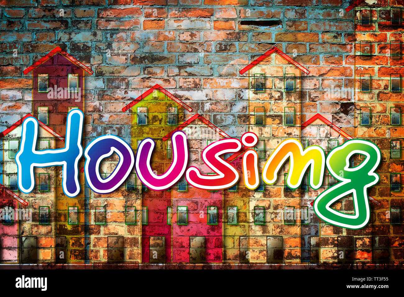 Public housing concept image painted on a brick wall Stock Photo - Alamy