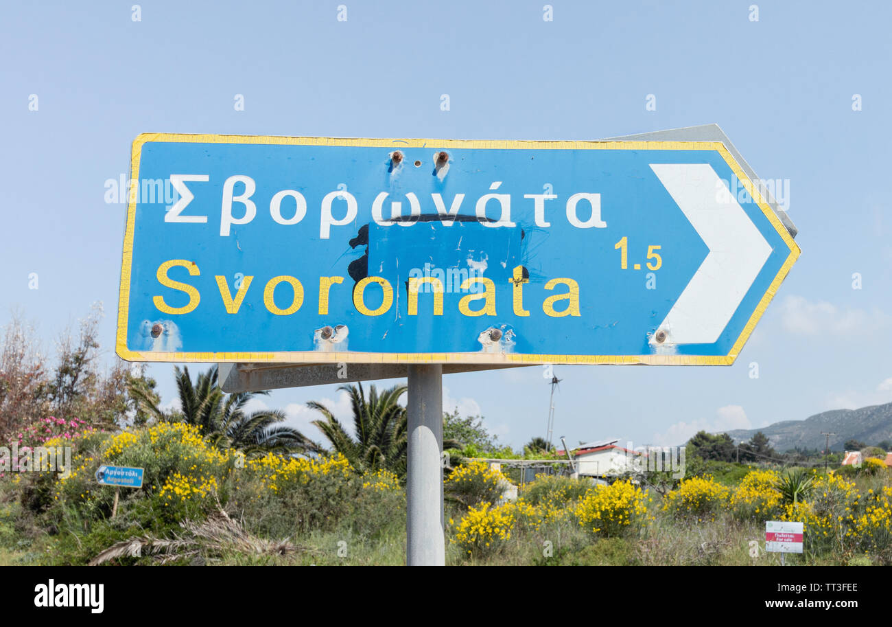 Kefalonia / Greece - 5th June 2019 - Sign pointing to Svoronata on ...