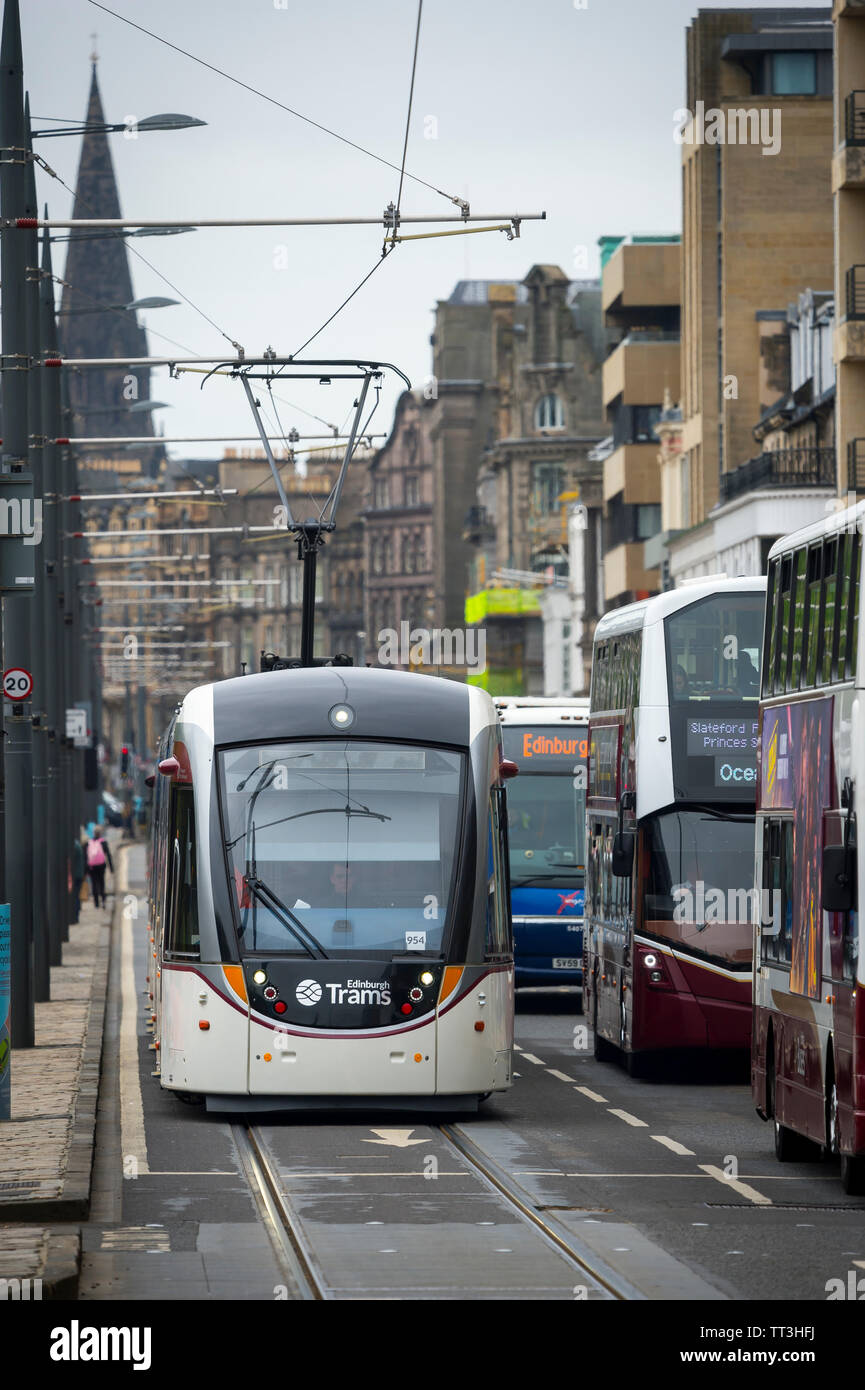 Lothian buses and a tram in the centre of the City of Edinburgh ...