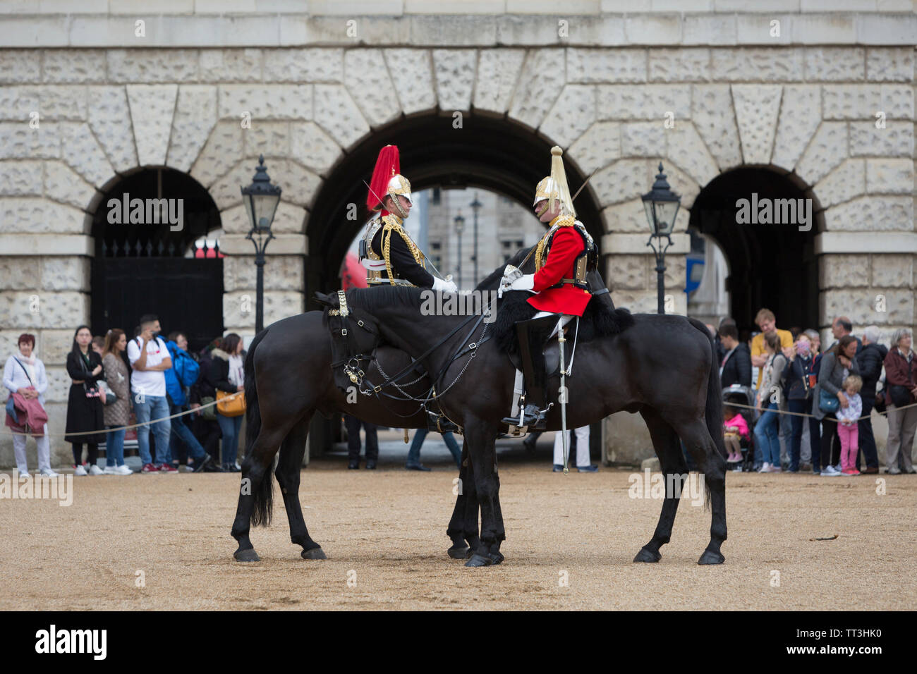 Officers of the The Queen's Life Guard (red tunics) and the Blues and ...