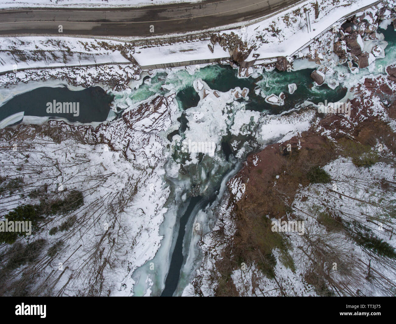 Winter scenery. Aerial view of the confluence of two rivers Stock Photo ...