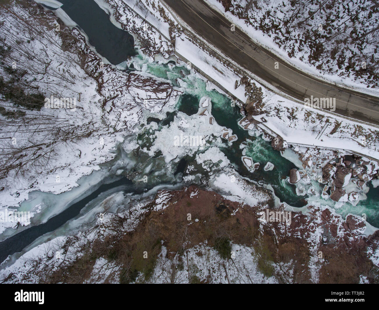 Winter scenery. Aerial view of the confluence of two rivers Stock Photo ...