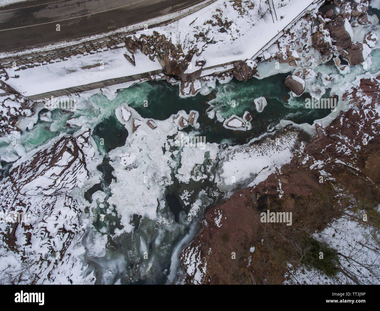 Winter scenery. Aerial view of the confluence of two rivers Stock Photo ...