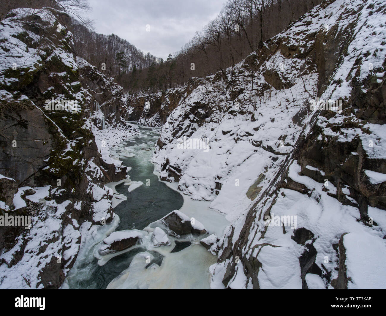 Aerial Photos. Frozen mountain river in granite gorge Stock Photo - Alamy