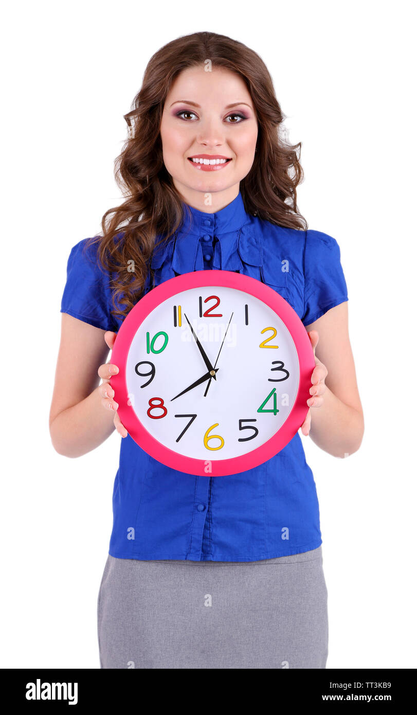 Young business woman with clock isolated on white Stock Photo - Alamy