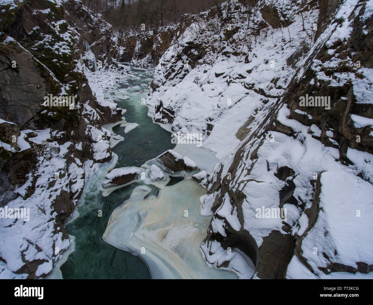Aerial Photos. Frozen mountain river in granite gorge Stock Photo - Alamy