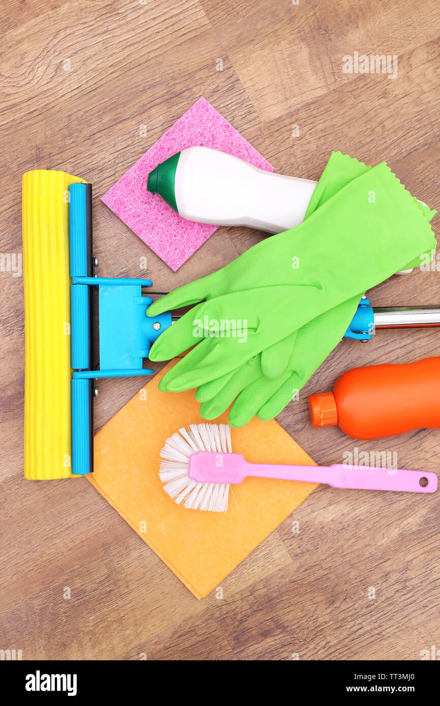 Collection of cleaning products and tools Stock Photo - Alamy