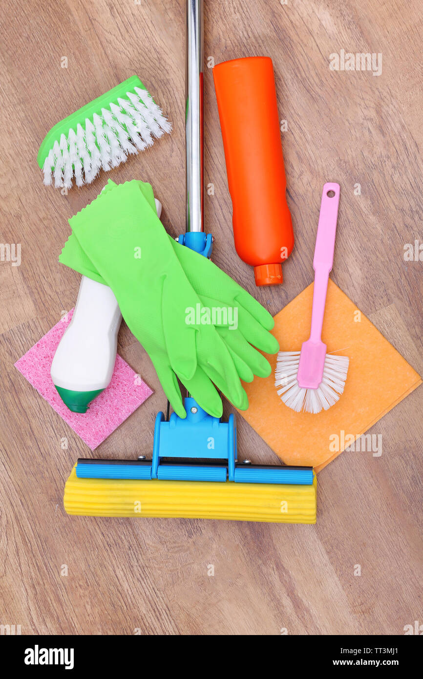 Collection of cleaning products and tools Stock Photo - Alamy