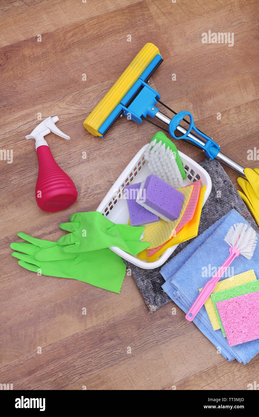 Collection of cleaning products and tools Stock Photo - Alamy