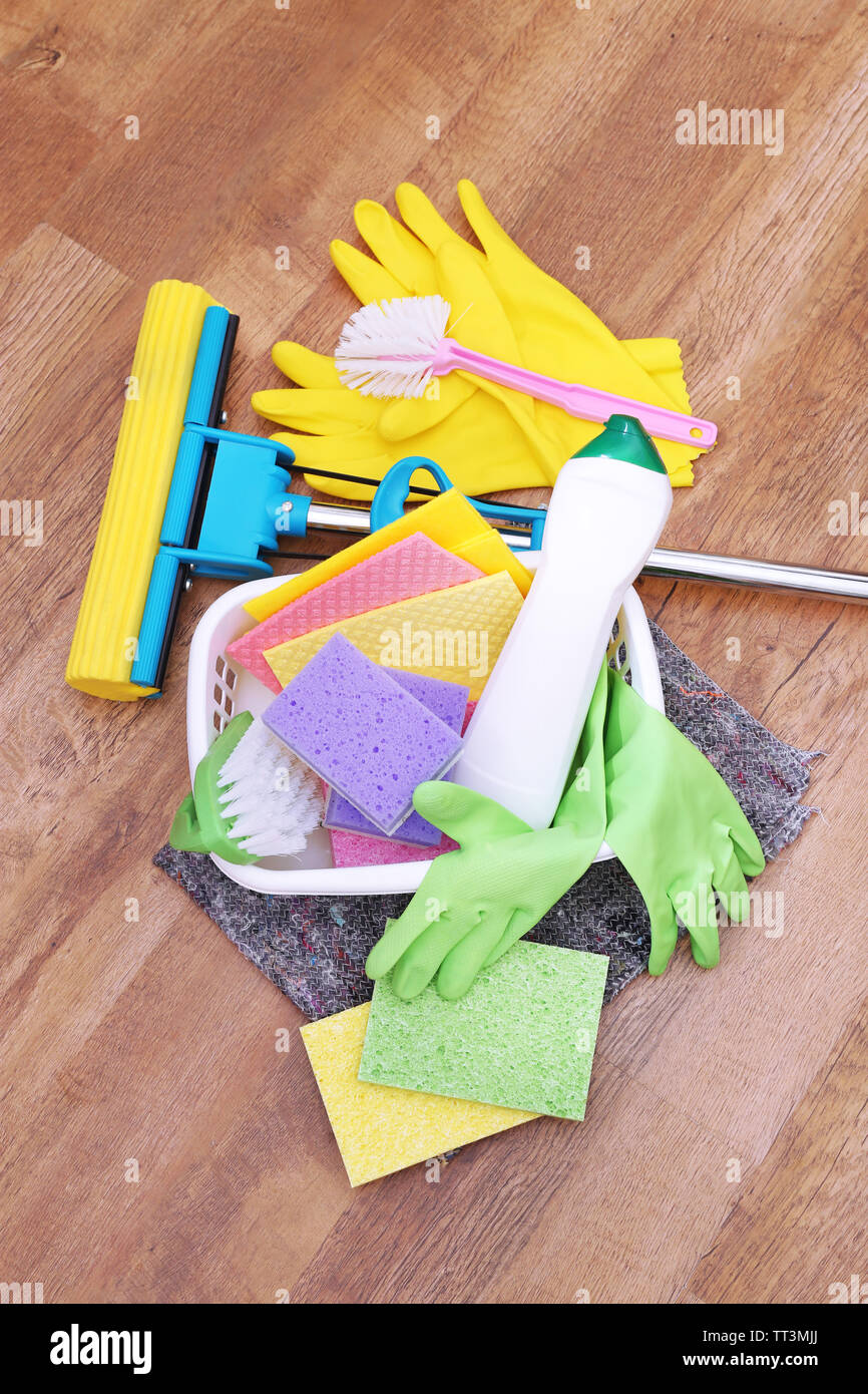 Collection of cleaning products and tools Stock Photo - Alamy