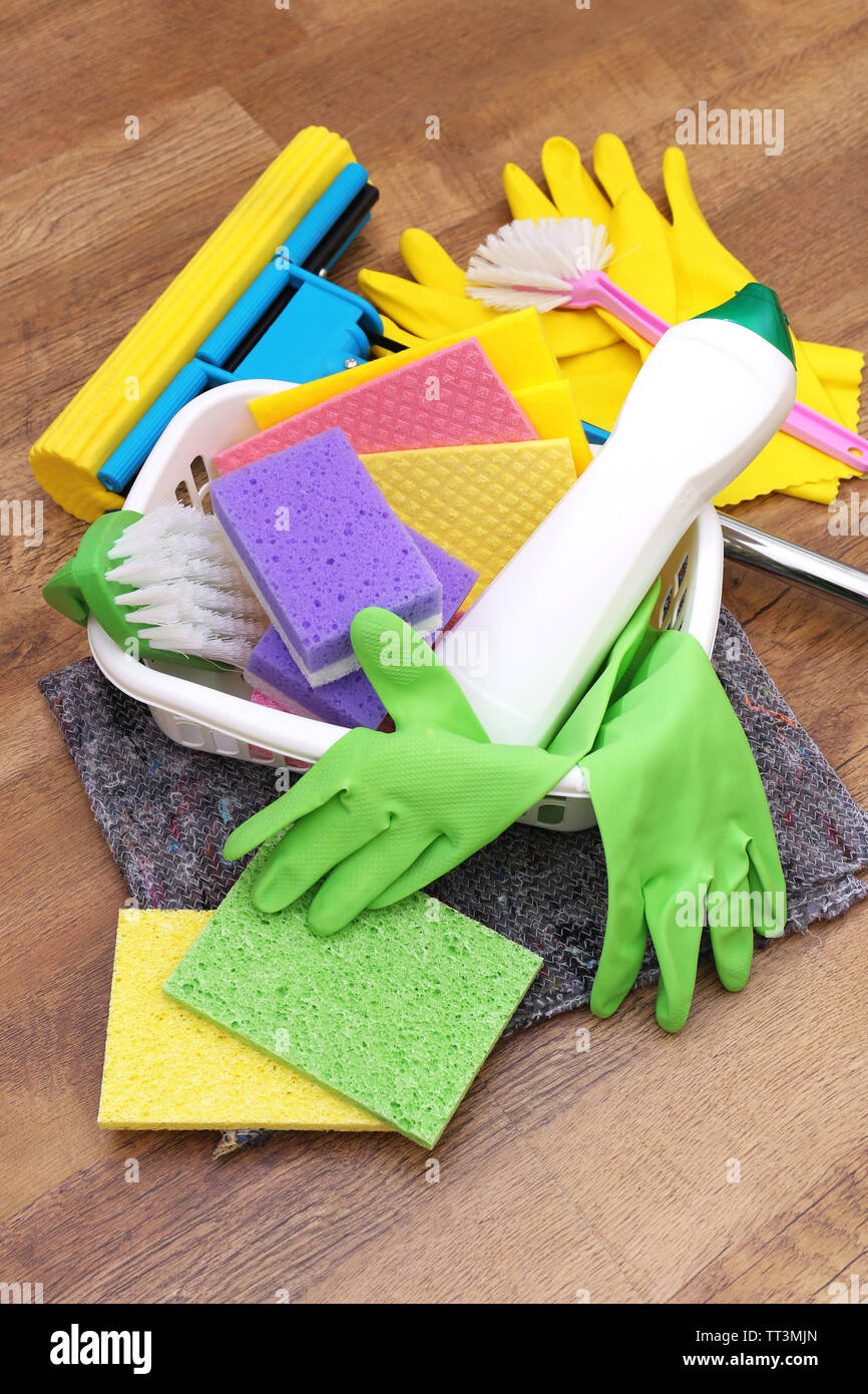 Collection of cleaning products and tools Stock Photo - Alamy