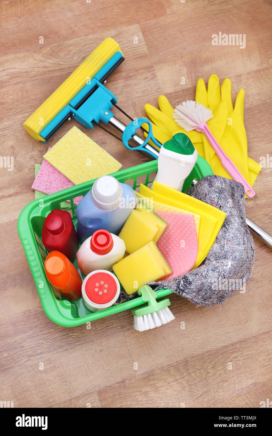 Collection of cleaning products and tools Stock Photo - Alamy