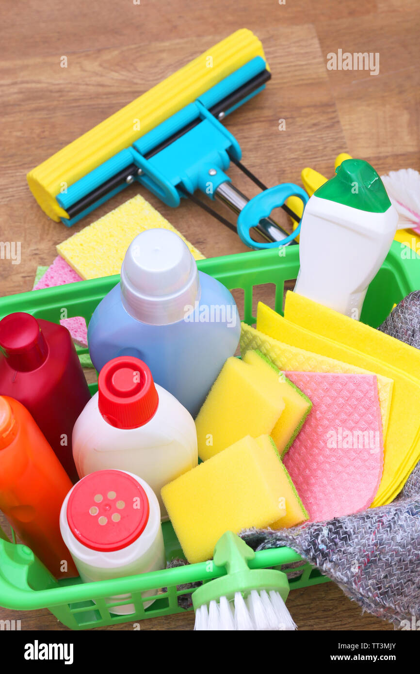 Collection of cleaning products and tools Stock Photo - Alamy