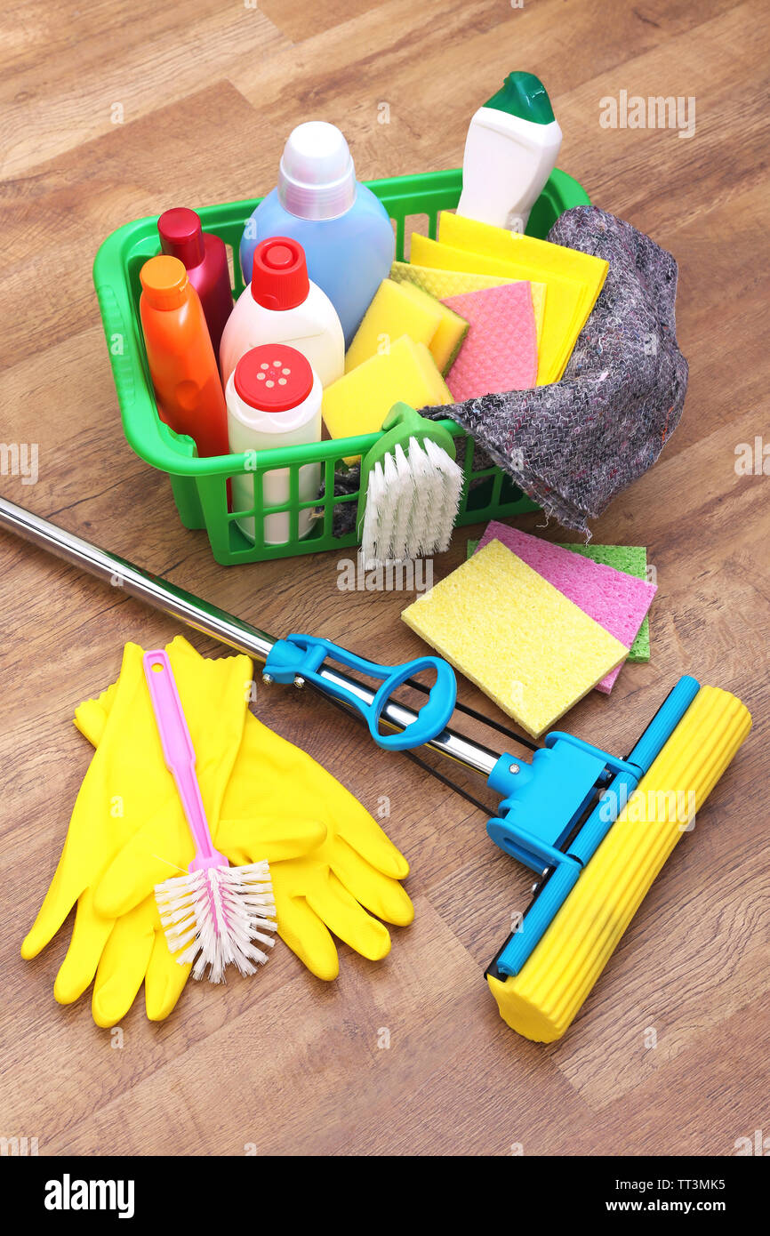 Collection of cleaning products and tools Stock Photo - Alamy