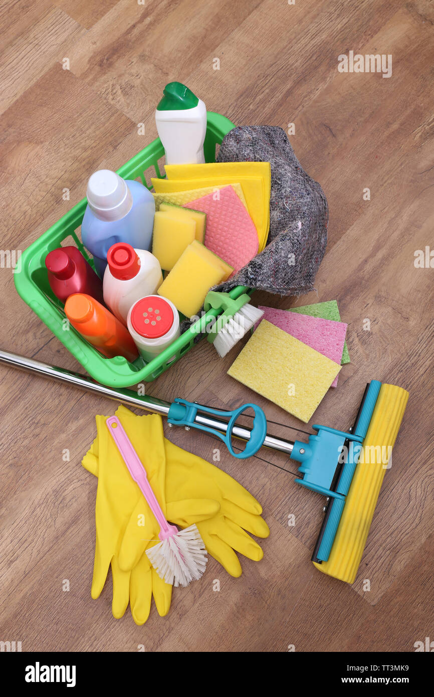 Collection of cleaning products and tools Stock Photo - Alamy