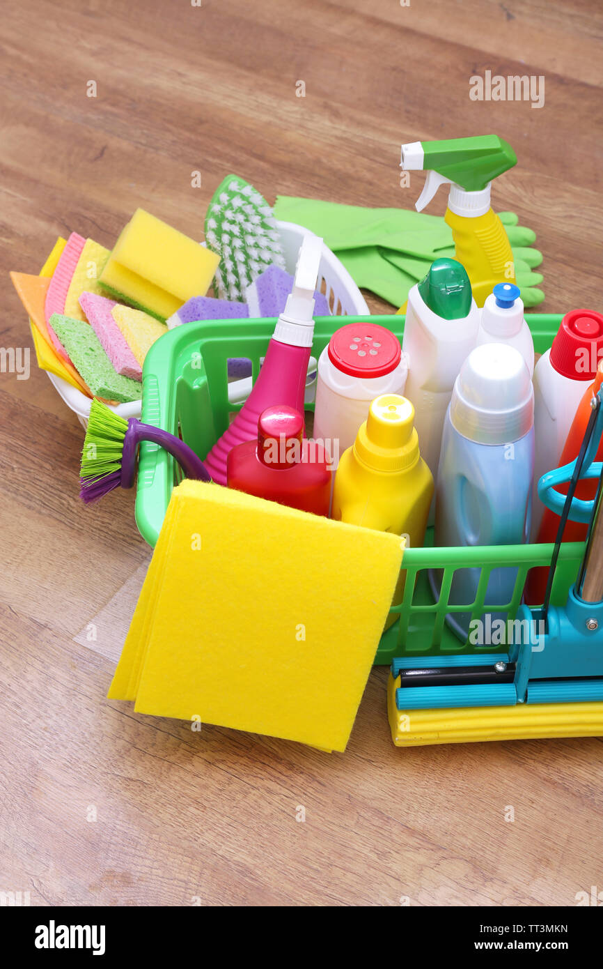 Collection of cleaning products and tools Stock Photo - Alamy