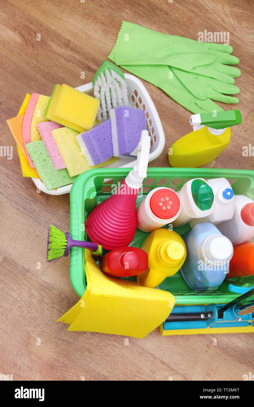 Collection of cleaning products and tools Stock Photo - Alamy