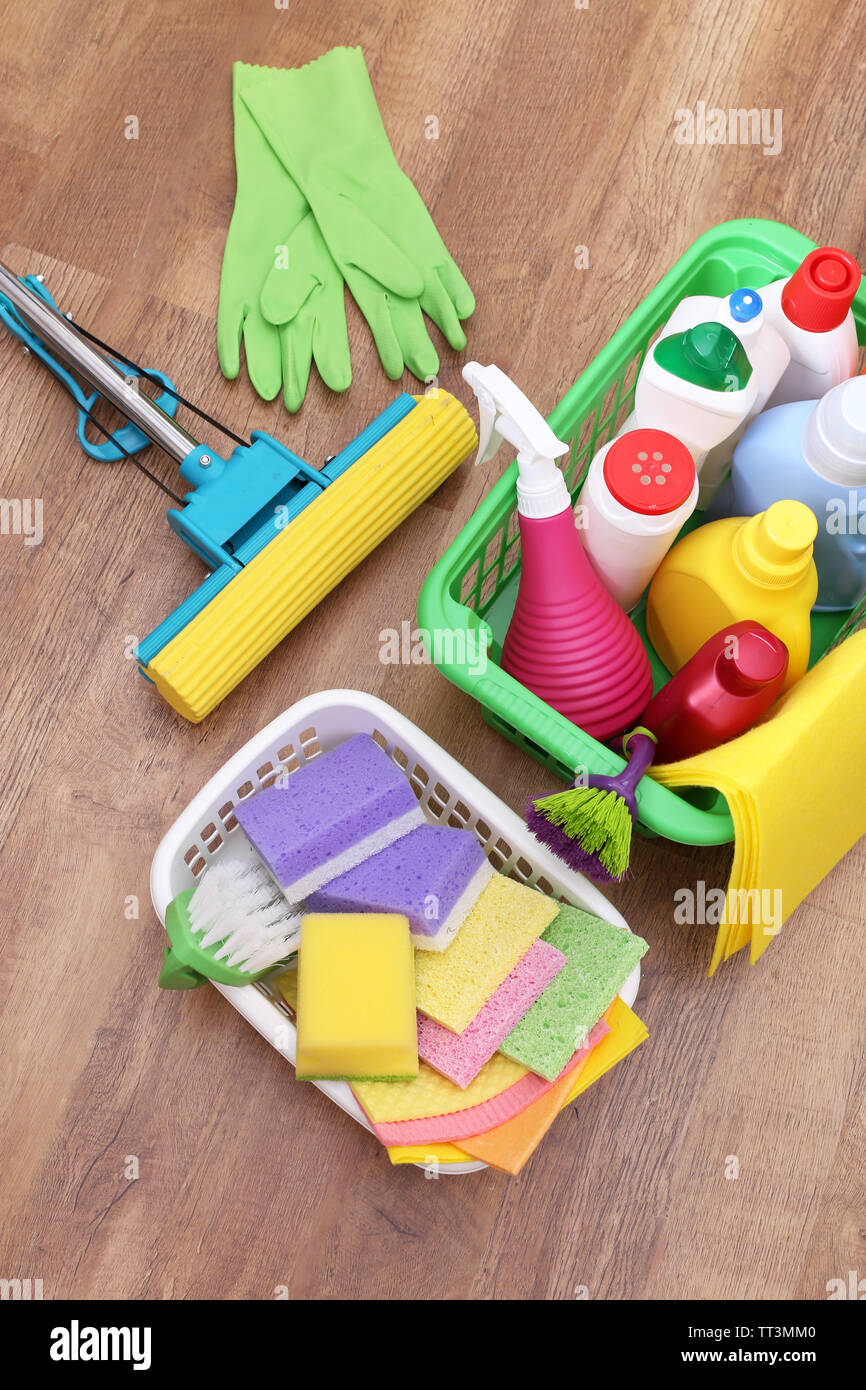 Collection of cleaning products and tools Stock Photo - Alamy