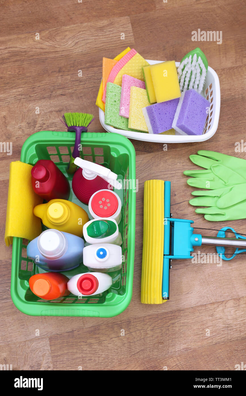 Collection of cleaning products and tools Stock Photo - Alamy