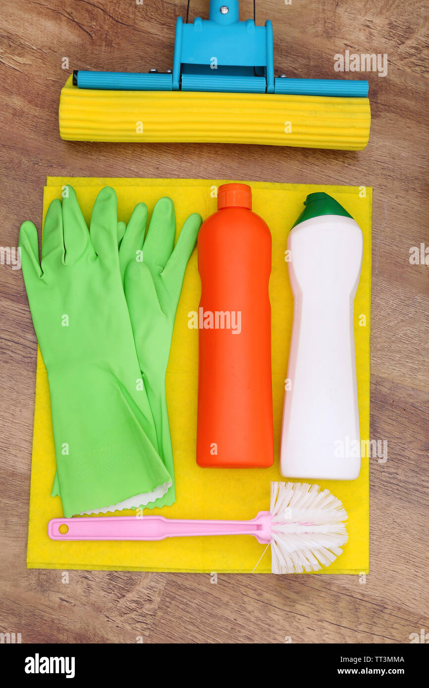 Collection of cleaning products and tools Stock Photo - Alamy