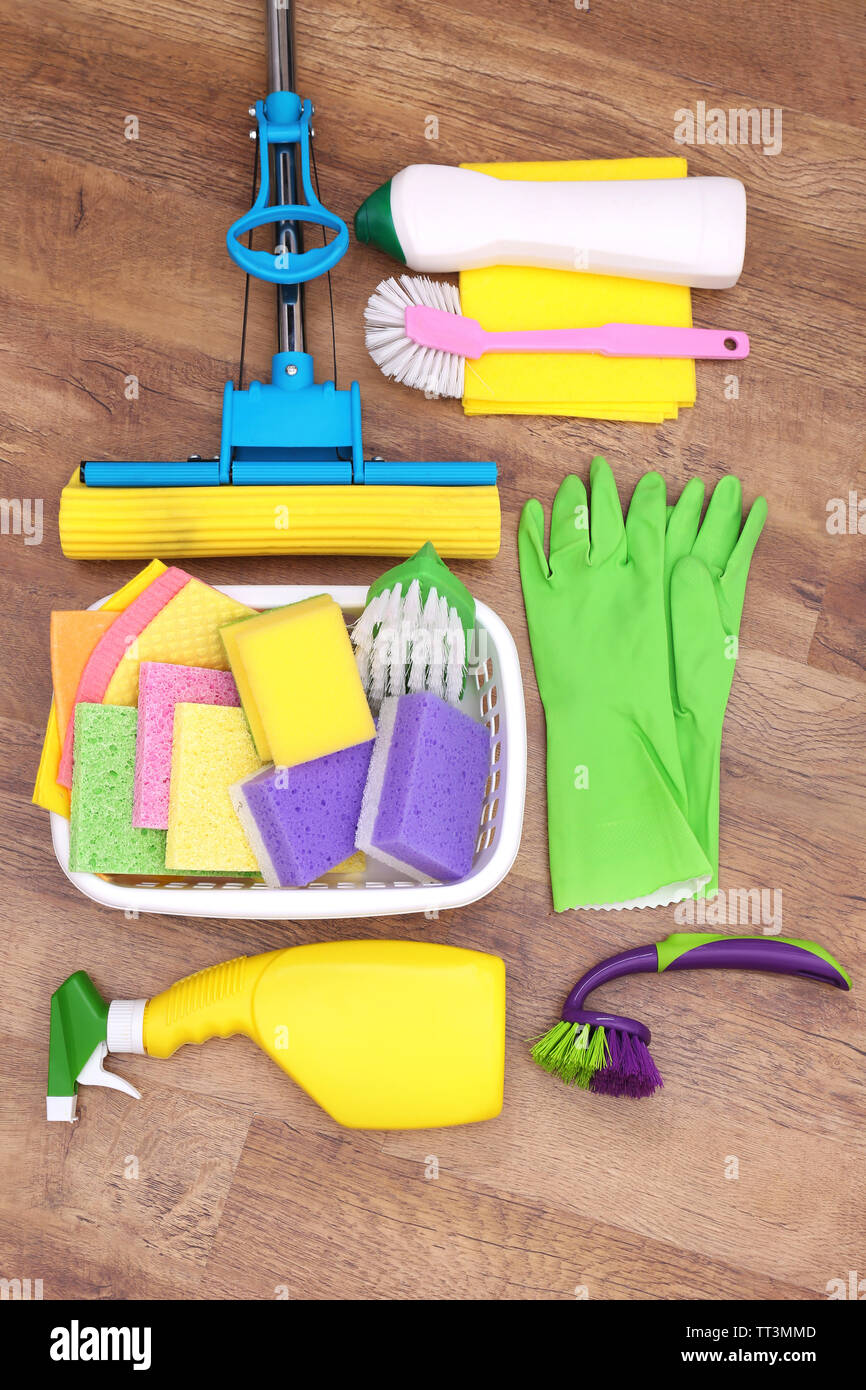 Collection of cleaning products and tools Stock Photo - Alamy