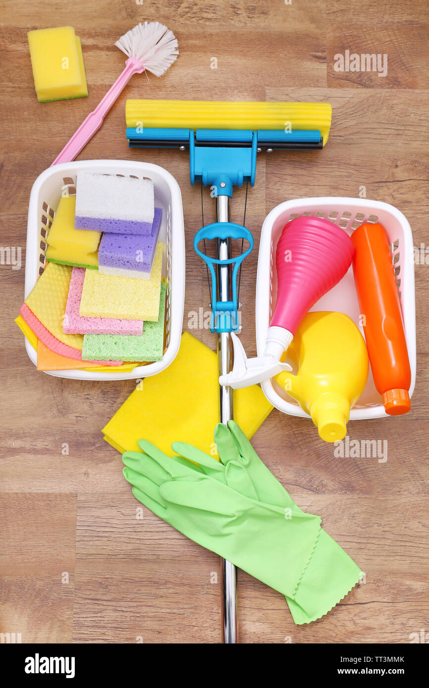 Collection of cleaning products and tools Stock Photo - Alamy