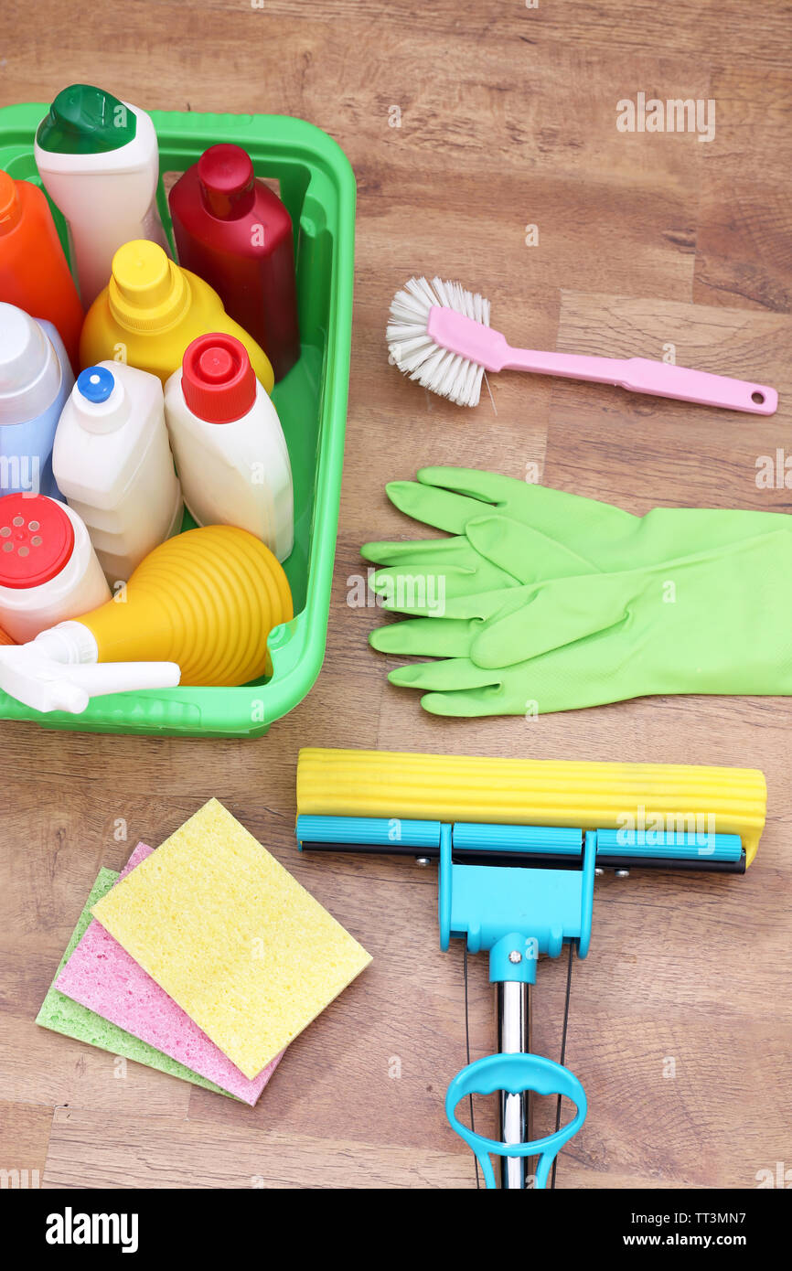 Collection of cleaning products and tools Stock Photo - Alamy