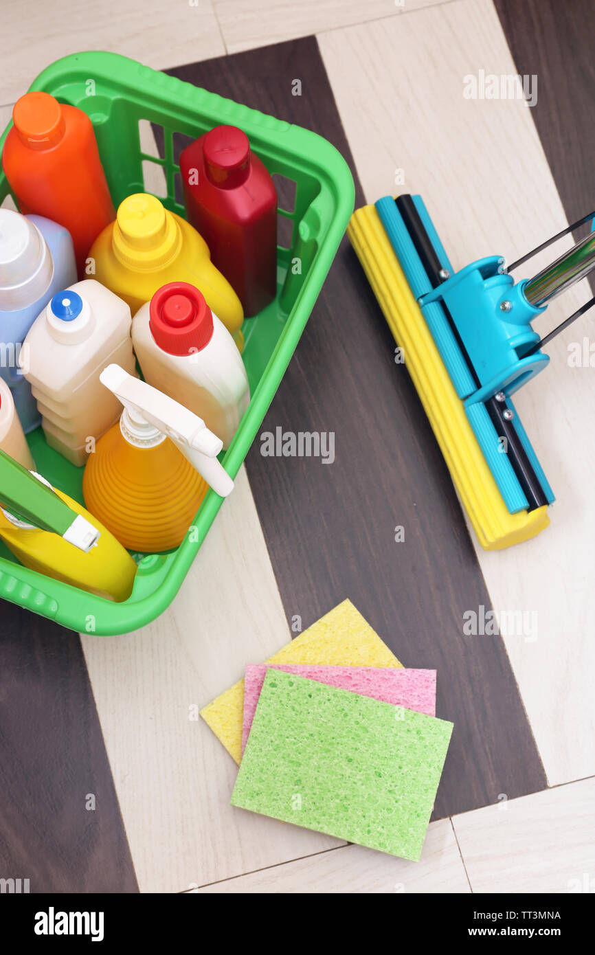 Collection of cleaning products and tools Stock Photo - Alamy
