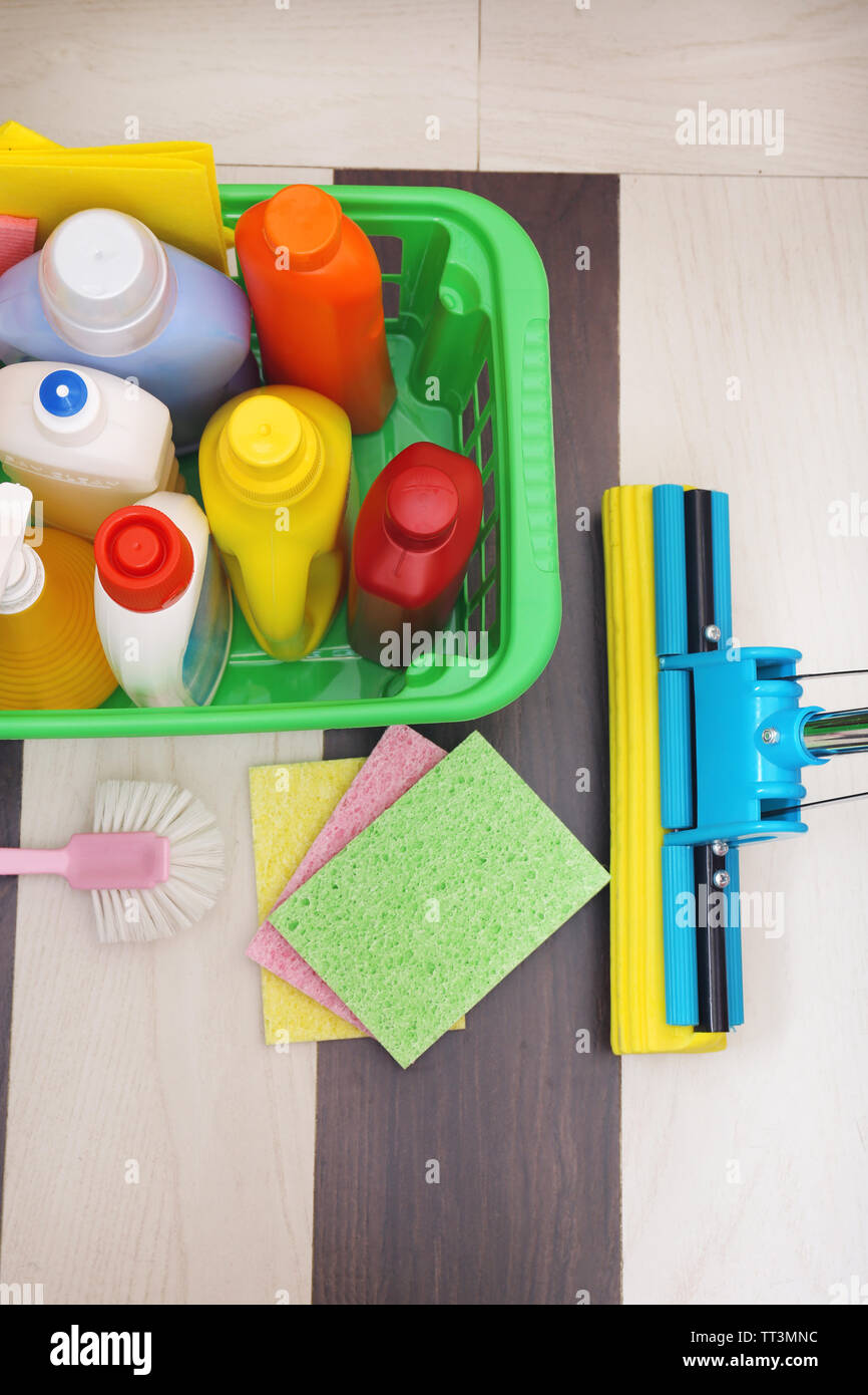 Collection of cleaning products and tools Stock Photo - Alamy