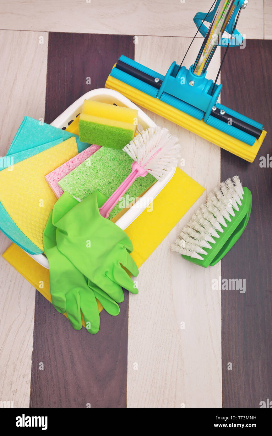 Collection of cleaning products and tools Stock Photo - Alamy