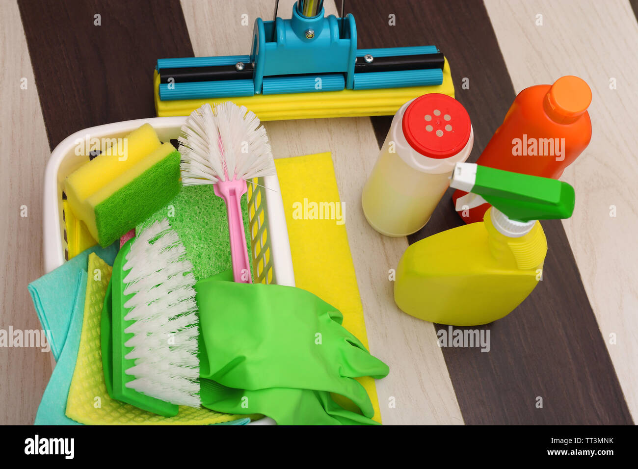 Collection of cleaning products and tools Stock Photo - Alamy